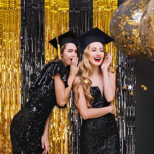 AILEXIBG 3.2 ft x 8.2 ft Metallic Tinsel Foil Fringe Curtains for Party Photo Backdrop Wedding Decor (2 Pack, Black Gold)