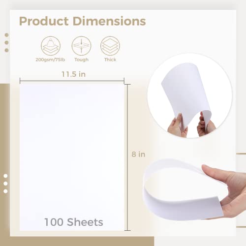 100 Sheets White Cardstock, 11.5 x 8in Heavy Weight Hard Cover Card Stocks 200gsm 75lb, Thick Paper A4 for Kids Arts and Crafts, Sketches, Invitations, Business Card Printing, DIY Cards, Menus