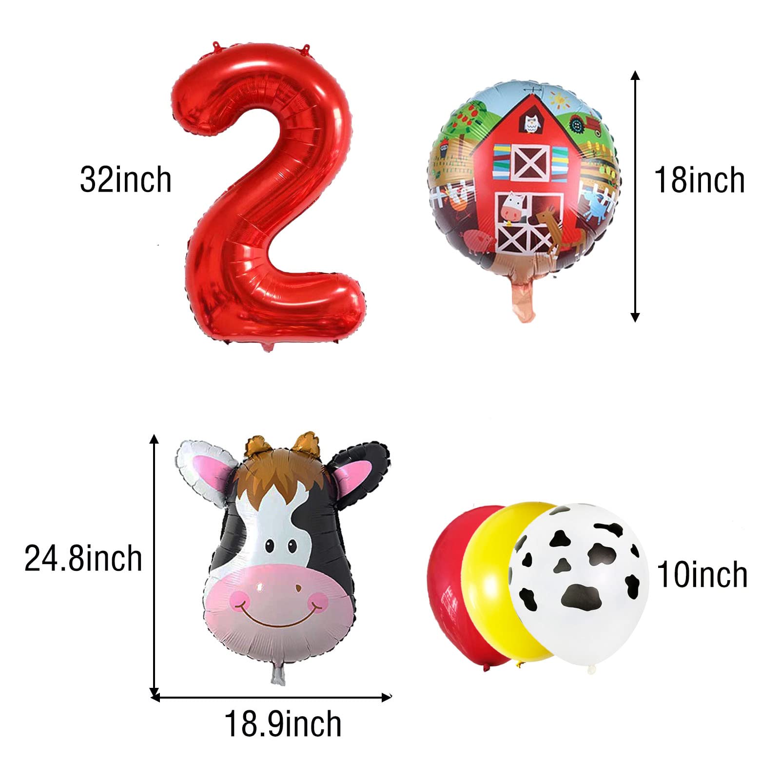 Farm Animal 2nd Birthday Party Decorations Farm Animals Foil Balloons for Kids 2nd Birthday Baby Shower Cow Farm Animals Theme Party Decorations (2nd Birthday)