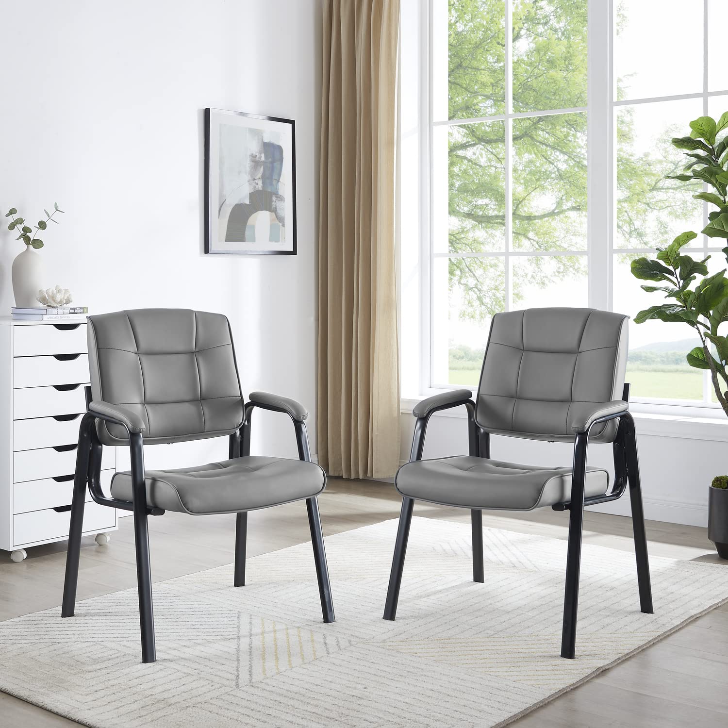 Naomi Home Waiting Room Chair Set of 2, Heavy Duty Leather Executive Waiting Room Chairs, Lobby Reception Chairs with Padded Arm Rest, Guest Chairs Set of 2 - Gray