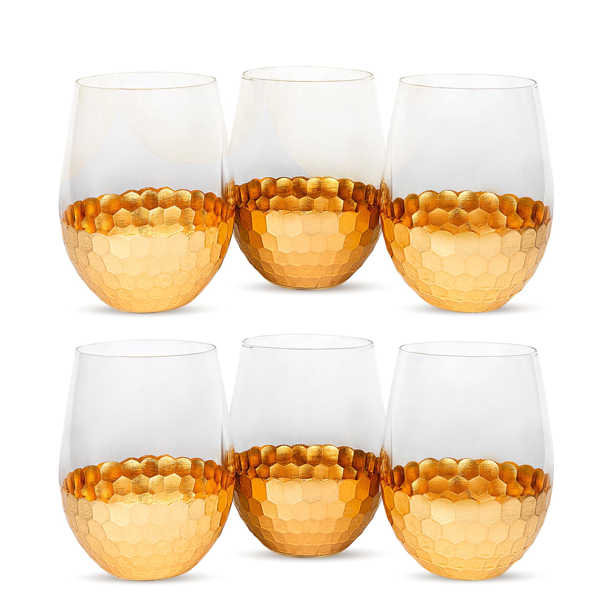 American Atelier Daphne Stemless Goblet | Set of 6 | Made of Glass | Gold Honeycomb Pattern | 18-Ounce Capacity | Smooth Rim Red Wine Glasses | White Wine Tumblers