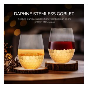 American Atelier Daphne Stemless Goblet | Set of 6 | Made of Glass | Gold Honeycomb Pattern | 18-Ounce Capacity | Smooth Rim Red Wine Glasses | White Wine Tumblers