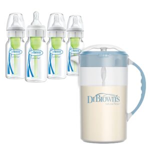 dr. brown's baby formula mixing pitcher 32oz, blue with anti-colic options+ narrow baby bottles, 4 pack, 4 oz