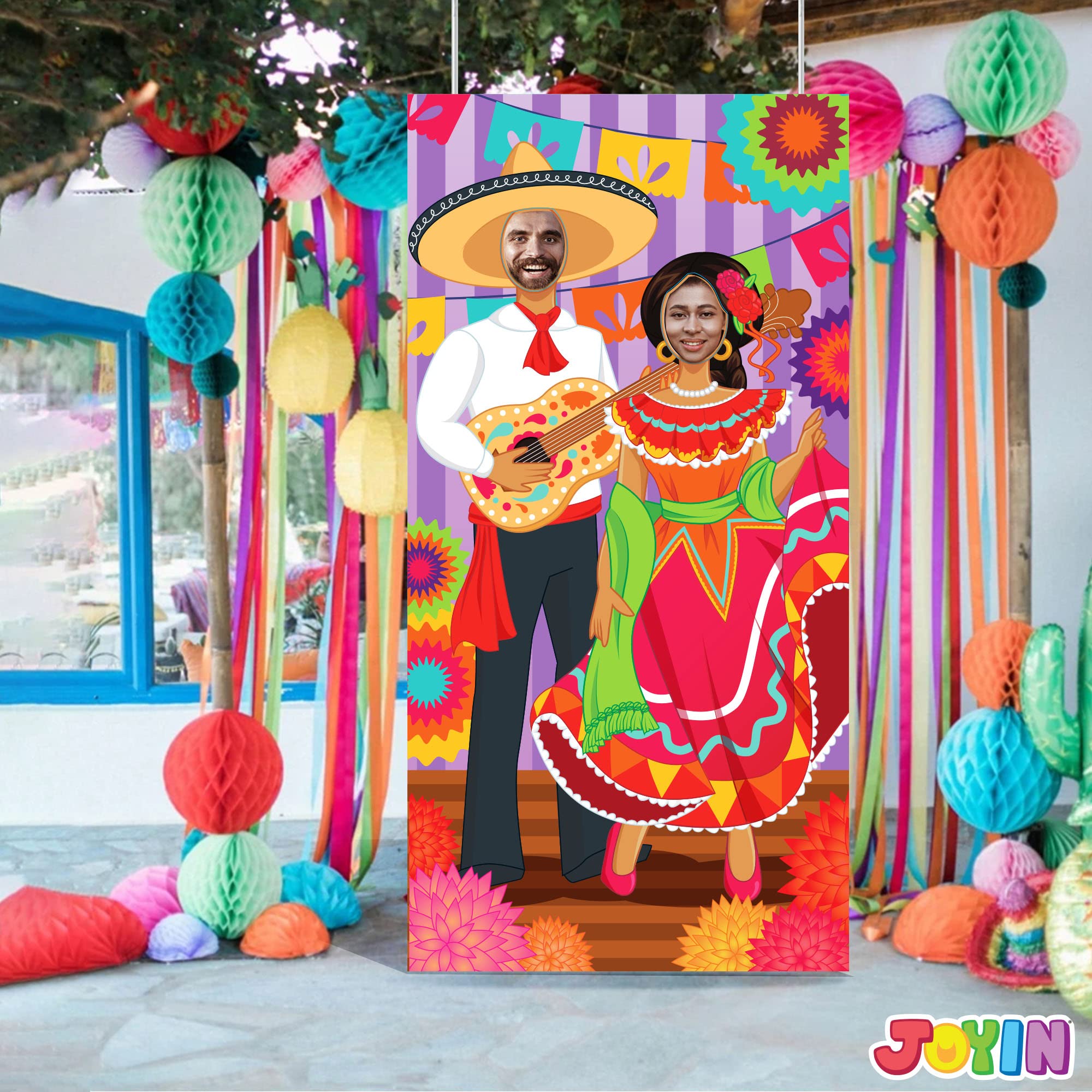 JOYIN 36x72ft Cinco de Mayo Couple Photo Door Banner, Fiesta Theme Photography Backdrop, Fiesta Photo Booth Background for Mexican Theme Birthday Party Supplies, Mexican Decoration, Taco Tuesday Event