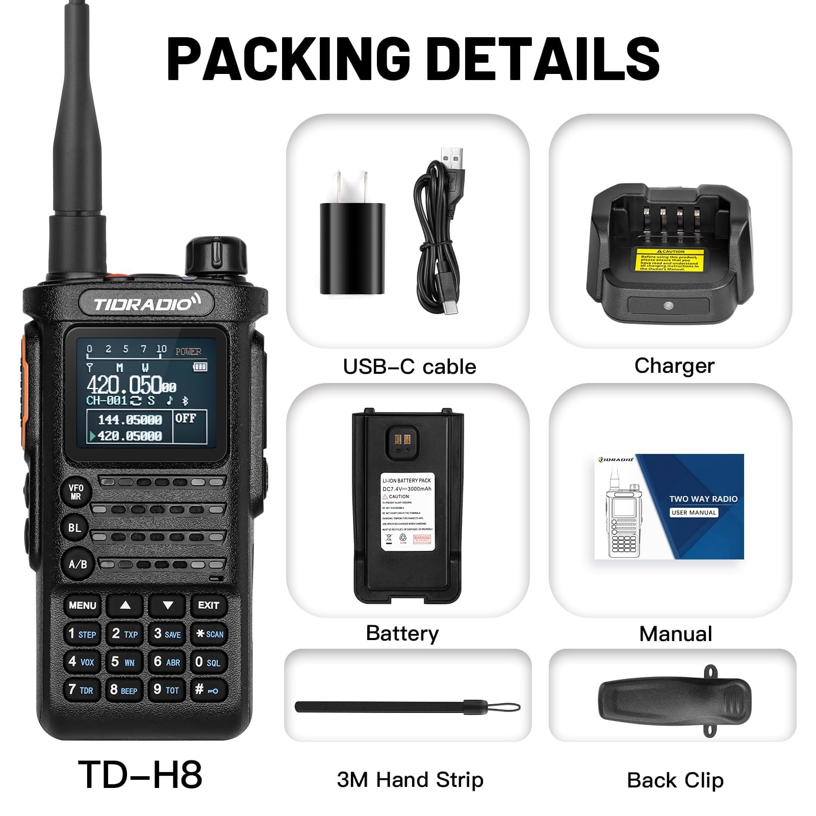 2nd Gen TIDRADIO TD-H8 Ham Radio 10Watt 2500mAh Battery Capacity Solid Performance Handheld Two-Way Radio Wireless Programming Module with Repeater List