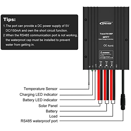 EPEVER IP68 Waterproof 30A MPPT Solar Charge Controller 12V 24V Auto, Solar Panel Battery Intelligent Regulator with MT50 and RS485 Cable, Used in RVs, Trailers, Boats, Yachts（Tracer7810BP）