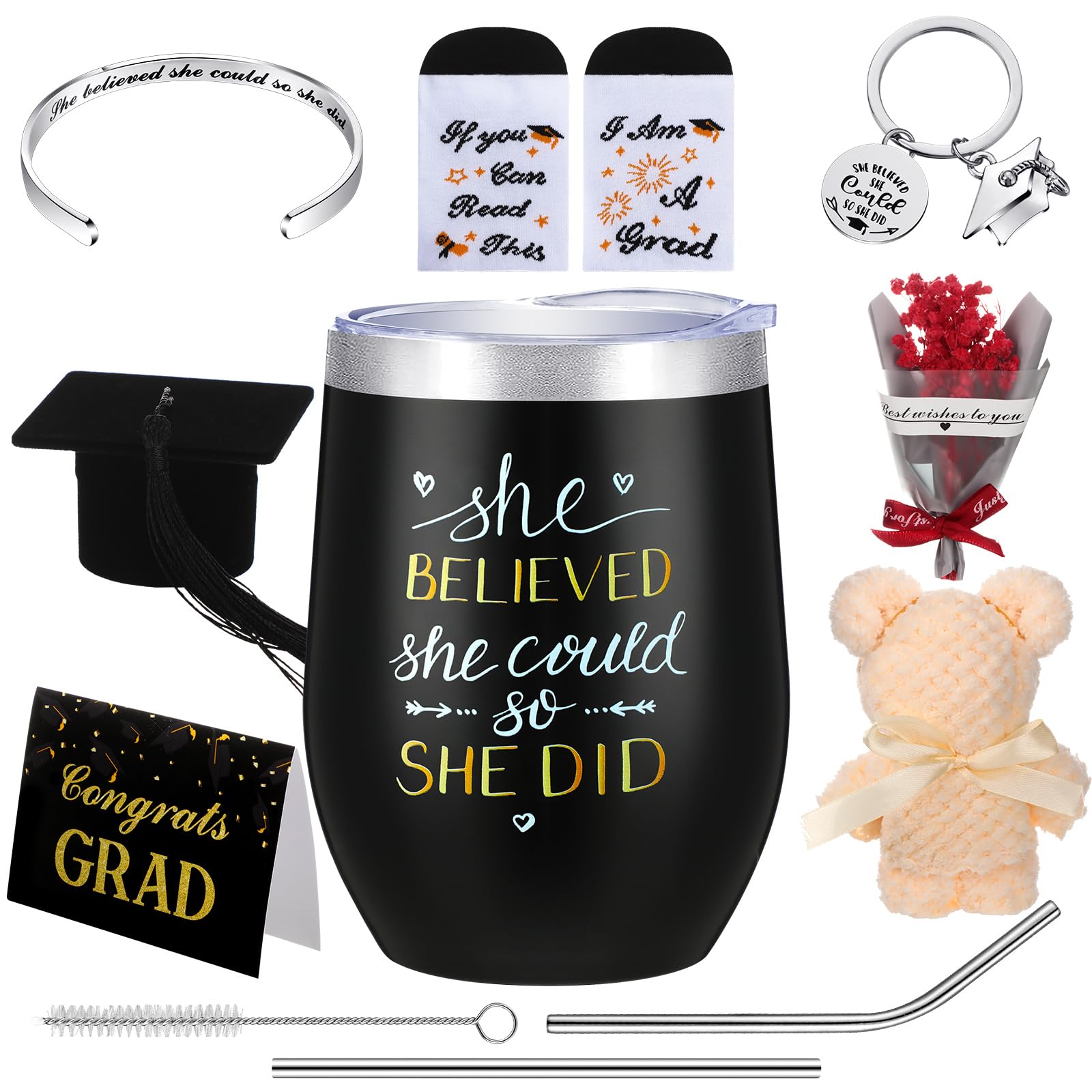 Karenhi 8 Pcs Graduation Gifts for Her 2024 College Congratulations Gifts Sets for Women Stainless Steel Wine Tumbler Graduation Keychains Bracelet Flowers Towel Cards Socks Doctoral Cap Storage Box