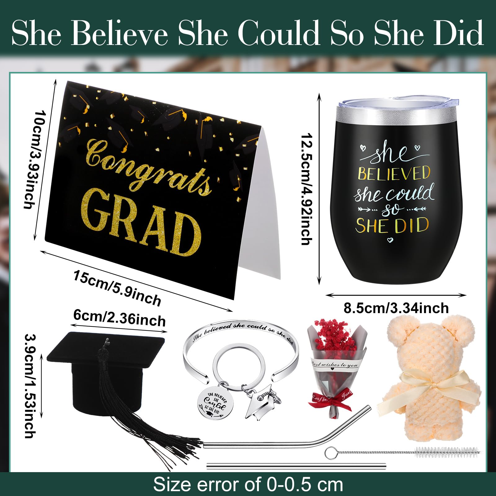 Karenhi 8 Pcs Graduation Gifts for Her 2024 College Congratulations Gifts Sets for Women Stainless Steel Wine Tumbler Graduation Keychains Bracelet Flowers Towel Cards Socks Doctoral Cap Storage Box