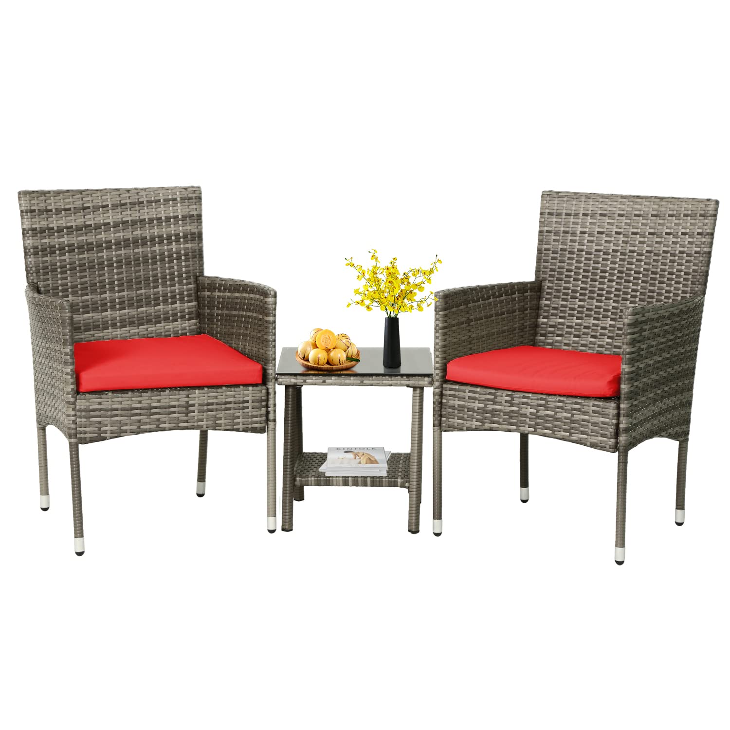 FDW 3 Piece Outdoor Furniture Set Patio Gray Wicker Chairs Furniture Bistro Conversation Set 2 Rattan Chairs with Red Cushions and Glass Coffee Table for Porch Lawn Garden Balcony Backyard