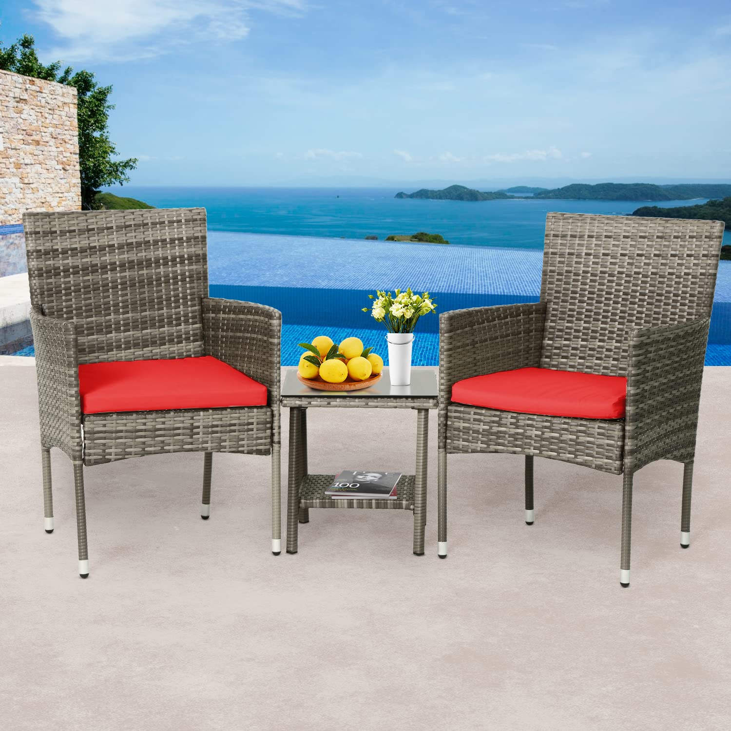 FDW 3 Piece Outdoor Furniture Set Patio Gray Wicker Chairs Furniture Bistro Conversation Set 2 Rattan Chairs with Red Cushions and Glass Coffee Table for Porch Lawn Garden Balcony Backyard