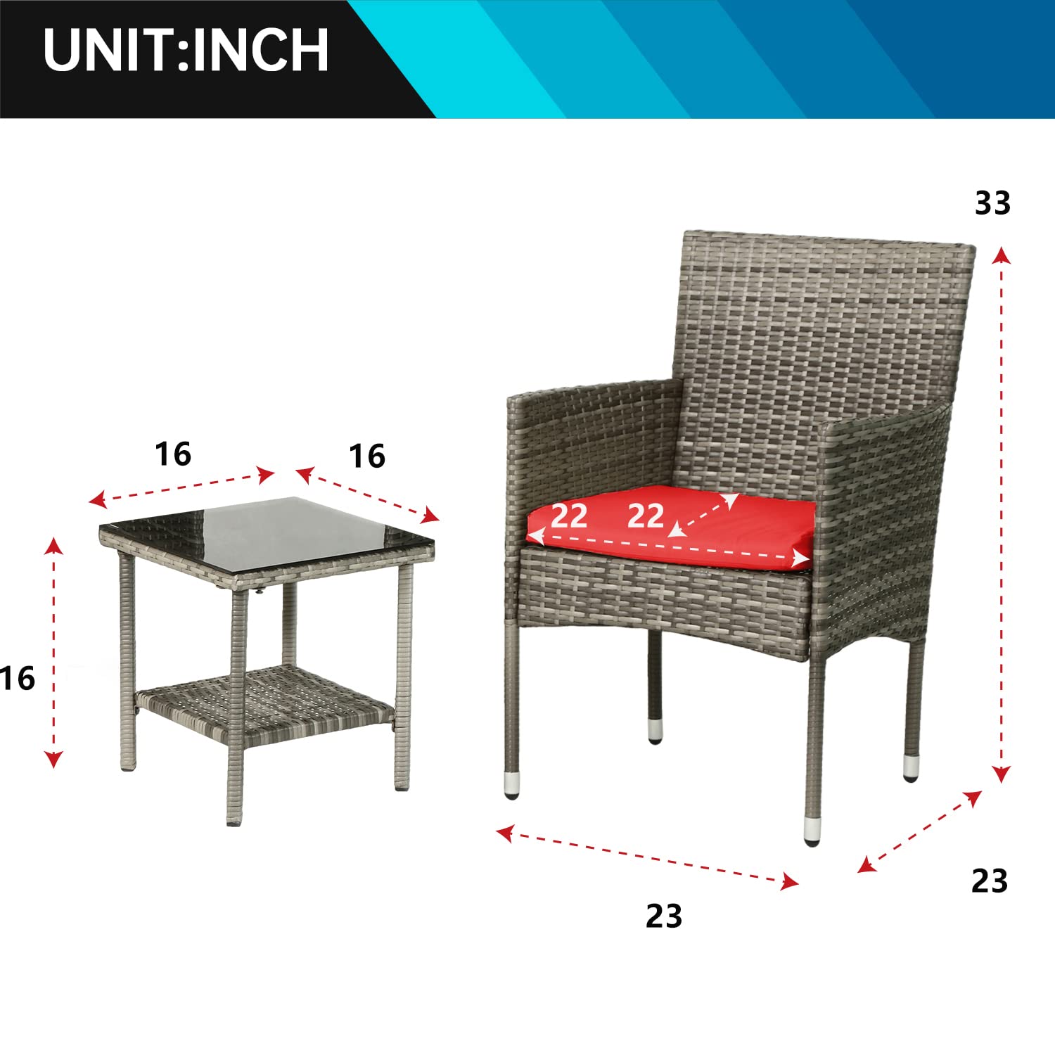 FDW 3 Piece Outdoor Furniture Set Patio Gray Wicker Chairs Furniture Bistro Conversation Set 2 Rattan Chairs with Red Cushions and Glass Coffee Table for Porch Lawn Garden Balcony Backyard