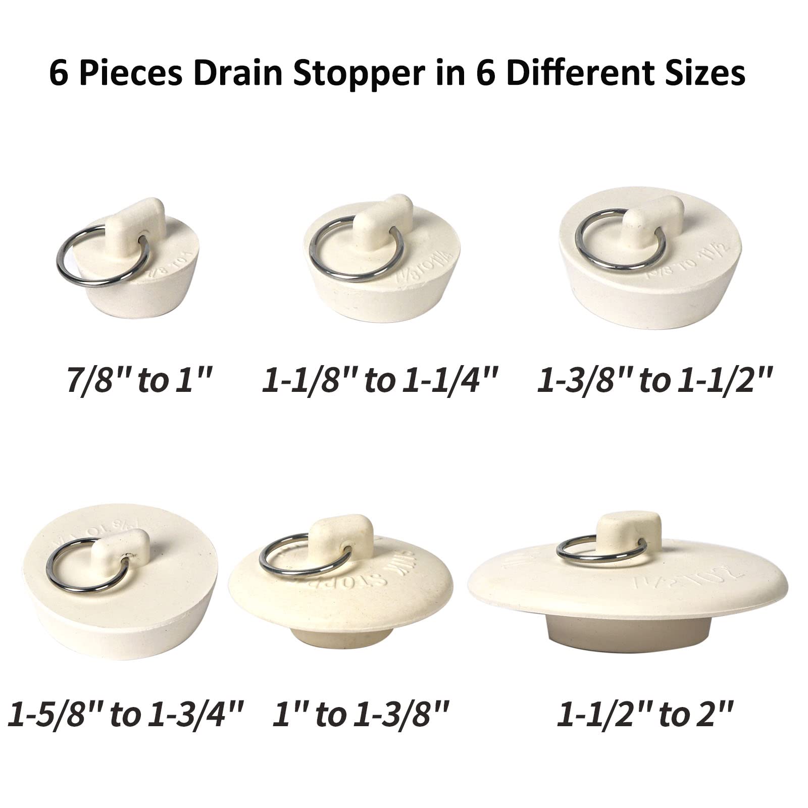 6 Pieces Rubber Sink Stopper, Drain Stopper Bath Tub Stopper with Pull Ring, Kitchen Drain Plug Sink Plug, Bathroom Bath Plugs, 6 Sizes（White）