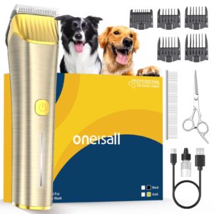 oneisall dog clippers for grooming for heavy thick coat, 2 speed low noise dog grooming kit rechargeable cordless dog trimmers with metal blade for dogs,pets