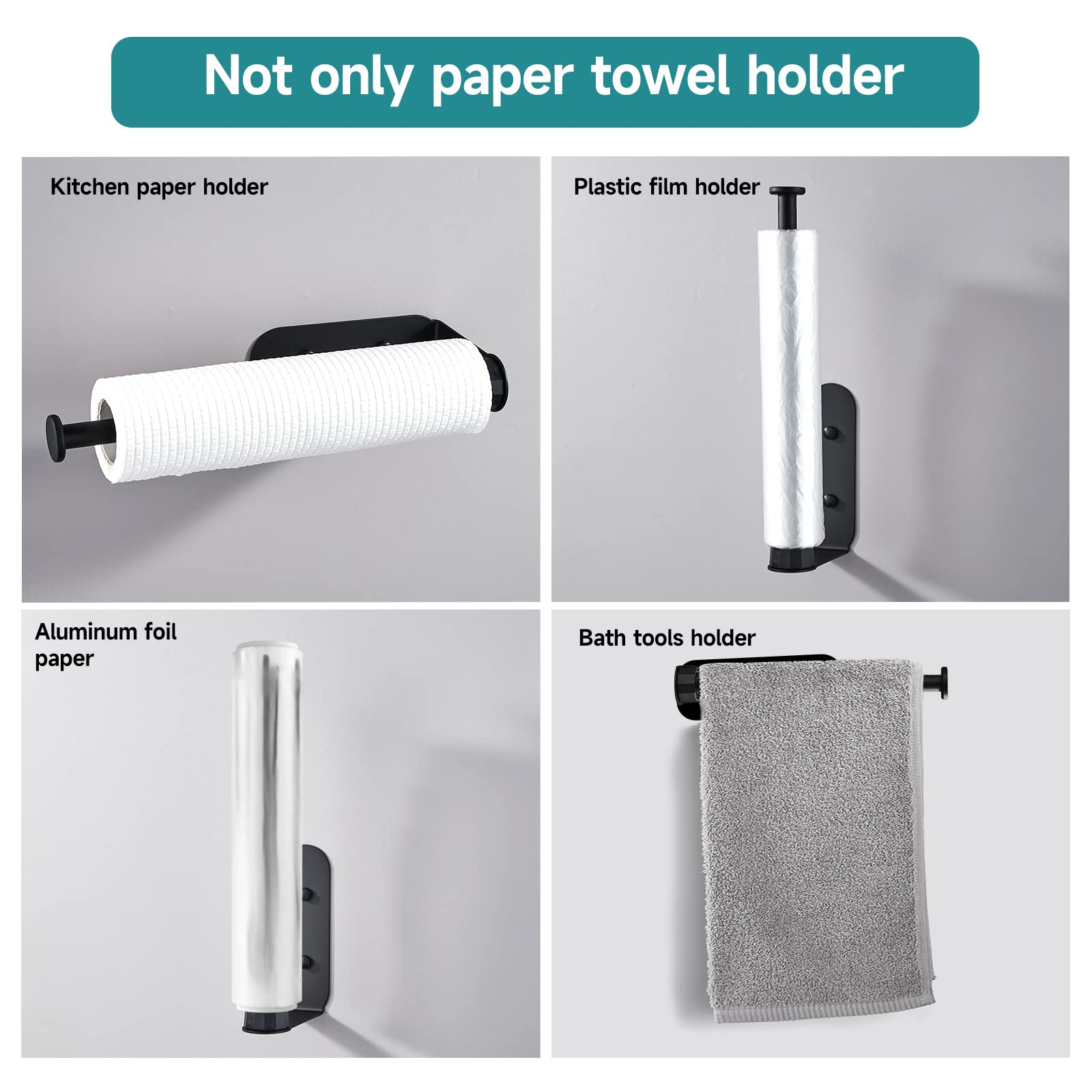 FVITA Paper Towel Holder Under Cabinet Wall Mount Paper Towel Holder Under Cabinet Self-Adhesive for Kitchen Black