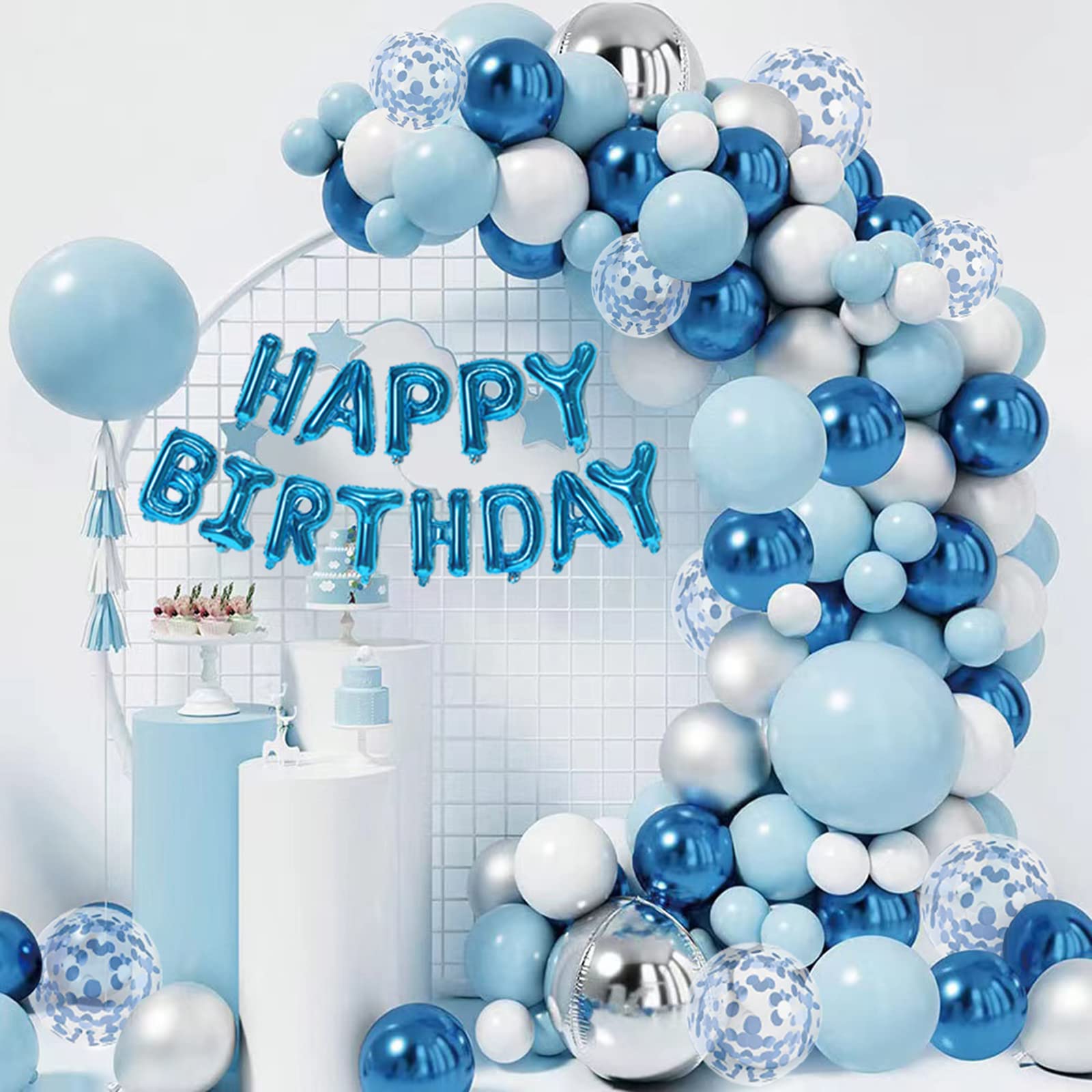 Blue And White Balloon Garland Arch Kit,happy Birthday balloons,111pcs Metallic blue and white Confetti Latex Balloons Arch Kit For Birthday Party baby boy Shower Birthday Decorations