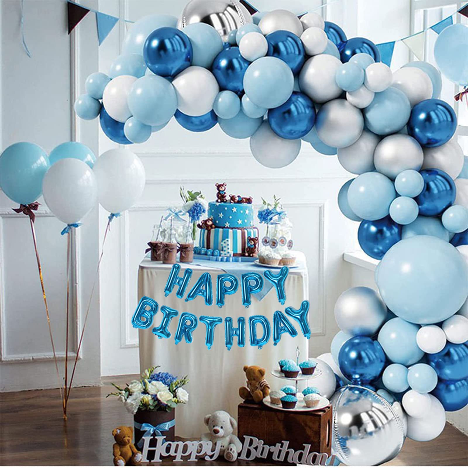 Blue And White Balloon Garland Arch Kit,happy Birthday balloons,111pcs Metallic blue and white Confetti Latex Balloons Arch Kit For Birthday Party baby boy Shower Birthday Decorations