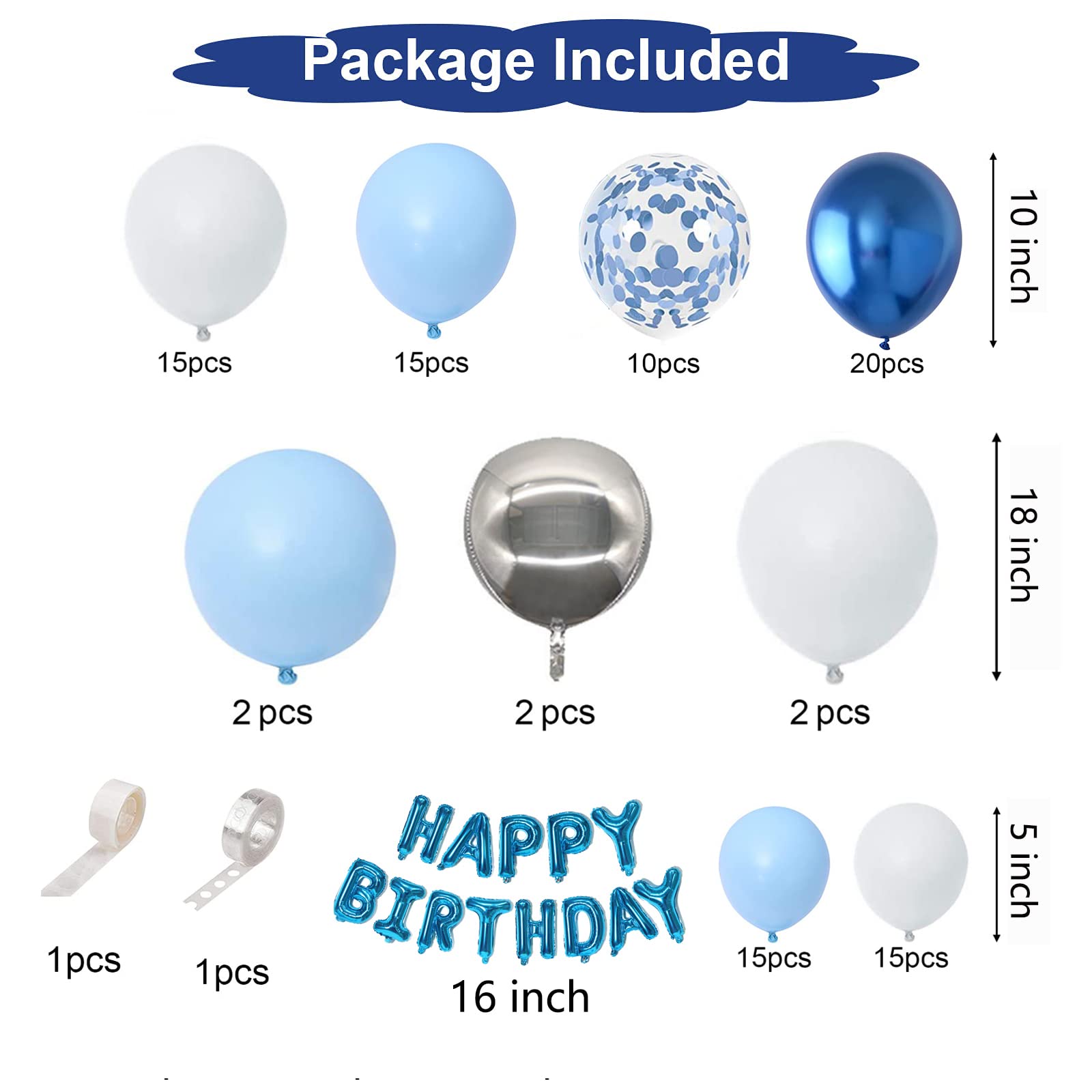 Blue And White Balloon Garland Arch Kit,happy Birthday balloons,111pcs Metallic blue and white Confetti Latex Balloons Arch Kit For Birthday Party baby boy Shower Birthday Decorations