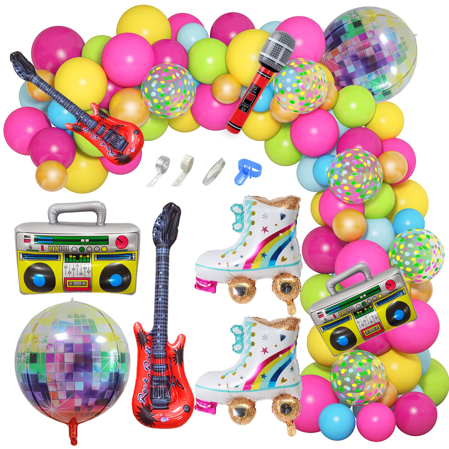 Amandir 90s 80s Theme Party Decorations, 90Pcs Balloon Arch Kit 6PCS Inflatable Retro Disco Ball Microphone Rainbow Roller Skate Boom Box Guitar Balloon for Back to 90s 80s Hip Hop Birthday Supplies