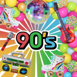 Amandir 90s 80s Theme Party Decorations, 90Pcs Balloon Arch Kit 6PCS Inflatable Retro Disco Ball Microphone Rainbow Roller Skate Boom Box Guitar Balloon for Back to 90s 80s Hip Hop Birthday Supplies