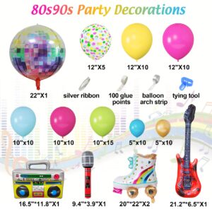 Amandir 90s 80s Theme Party Decorations, 90Pcs Balloon Arch Kit 6PCS Inflatable Retro Disco Ball Microphone Rainbow Roller Skate Boom Box Guitar Balloon for Back to 90s 80s Hip Hop Birthday Supplies