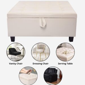 Charlotte 35 Inch Large Square Storage Ottoman Cube Bench, Tufted Upholstered Lift Top Coffee Table Ottoman with Storage, Oversized Dorm Storage Ottomans, Toy Box, Footrest for Living Room - Cream