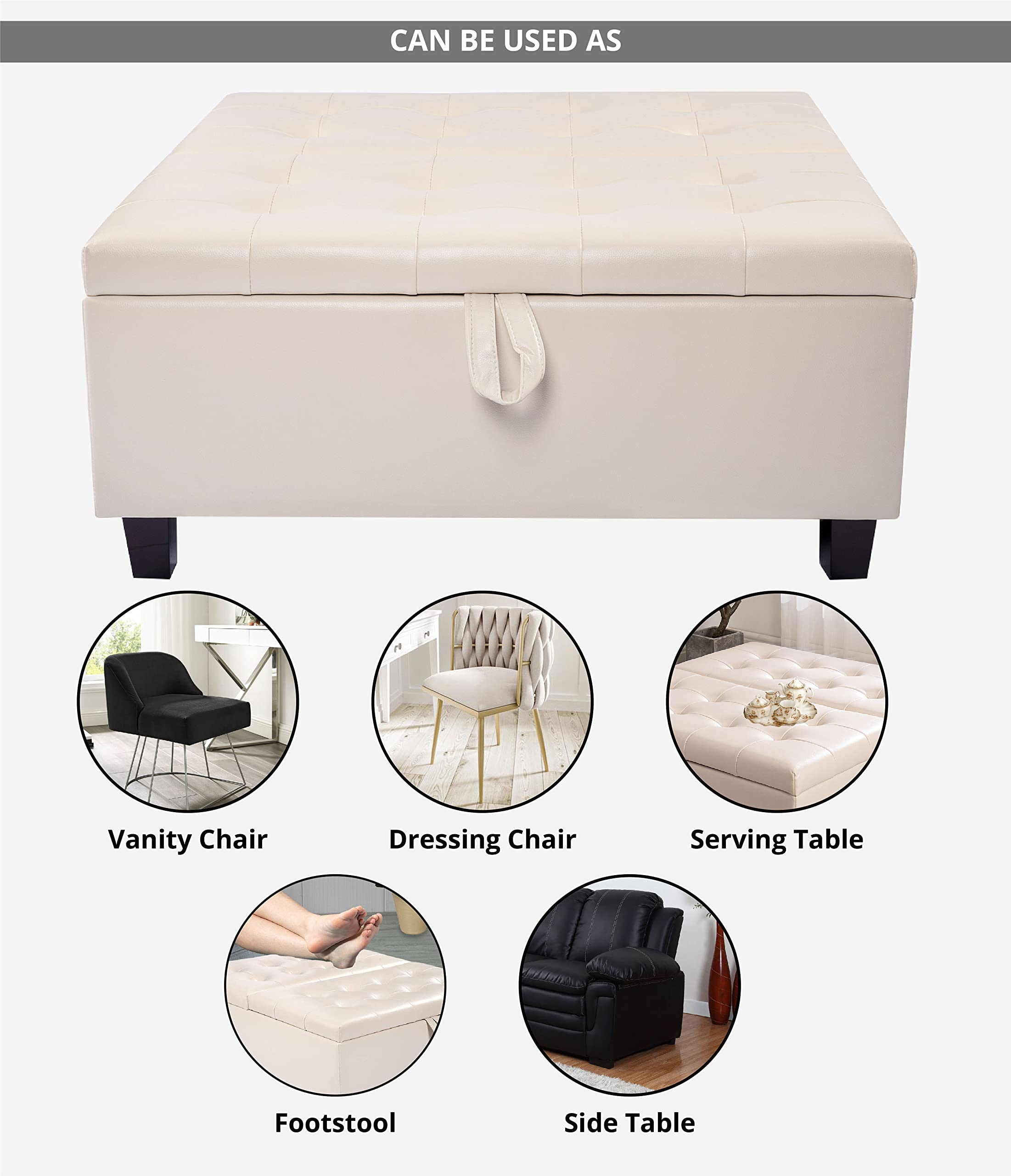 Charlotte 35 Inch Large Square Storage Ottoman Cube Bench, Tufted Upholstered Lift Top Coffee Table Ottoman with Storage, Oversized Dorm Storage Ottomans, Toy Box, Footrest for Living Room - Cream