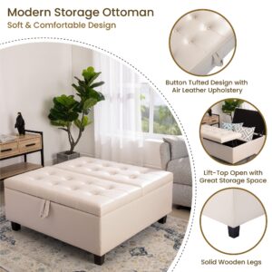 Charlotte 35 Inch Large Square Storage Ottoman Cube Bench, Tufted Upholstered Lift Top Coffee Table Ottoman with Storage, Oversized Dorm Storage Ottomans, Toy Box, Footrest for Living Room - Cream