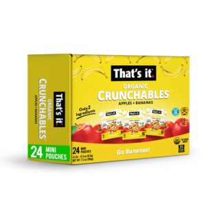 That’s it. Crunchables Fruit Snacks for Kids 100% Organic Apples + Bananas, Deliciously Healthy and Light, Plant-Based, Non-GMO, Gluten Free, USDA Approved Snacks 24 Packs (8.5g)