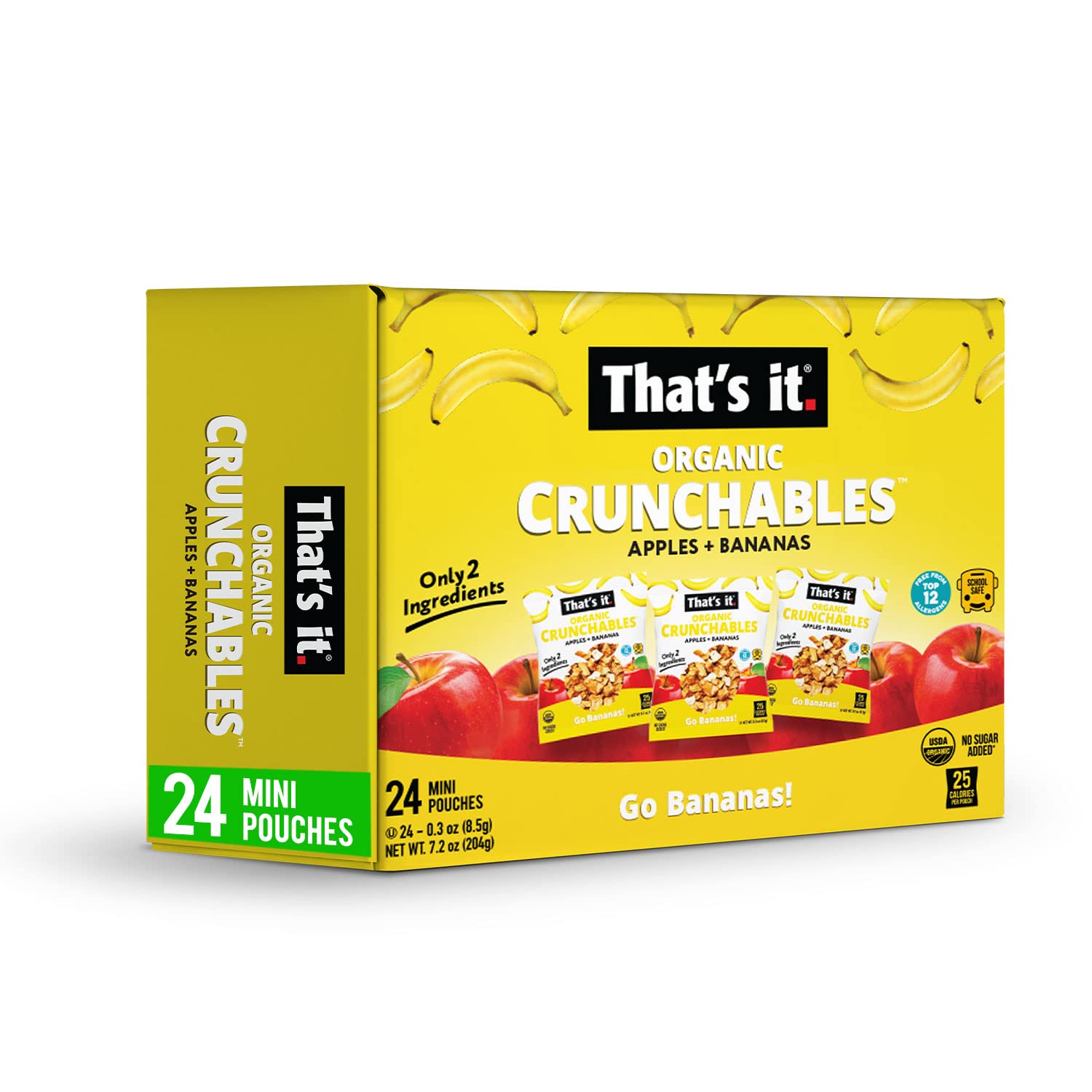 That’s it. Crunchables Fruit Snacks for Kids 100% Organic Apples + Bananas, Deliciously Healthy and Light, Plant-Based, Non-GMO, Gluten Free, USDA Approved Snacks 24 Packs (8.5g)