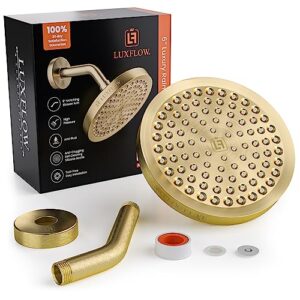 luxflow® shower head & shower arm – rain shower head high pressure – modern luxury look - easy 3-min install – universal fit, adjustable joint, anti-clogging, rustproof (lavish brushed gold, 6 inch)