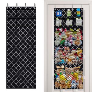 victorich stuffed animal storage, over door organizer for stuffed animals holder, stuffed animal net hammock with 4 pockets for baby accessories, toy plush storage, kids bedroom organization, black