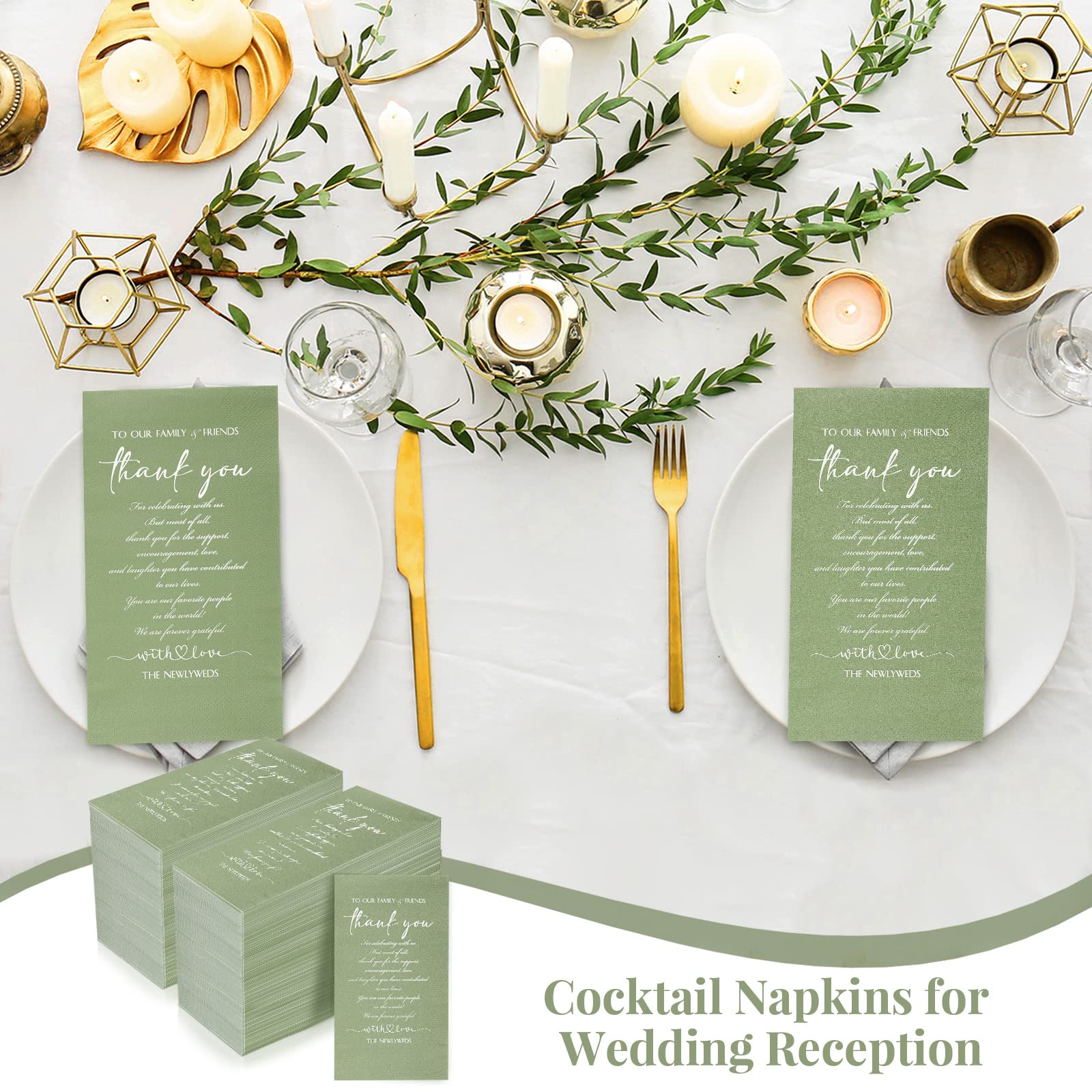 200 Plain Thank You Wedding Napkins Cocktail Beverage Napkins Newlyweds to Family Friends Guests 3 Ply Facial Tissues Napkins Pack Wedding Shower Engagement Rehearsal Dinner Party Supply (Sage Green)