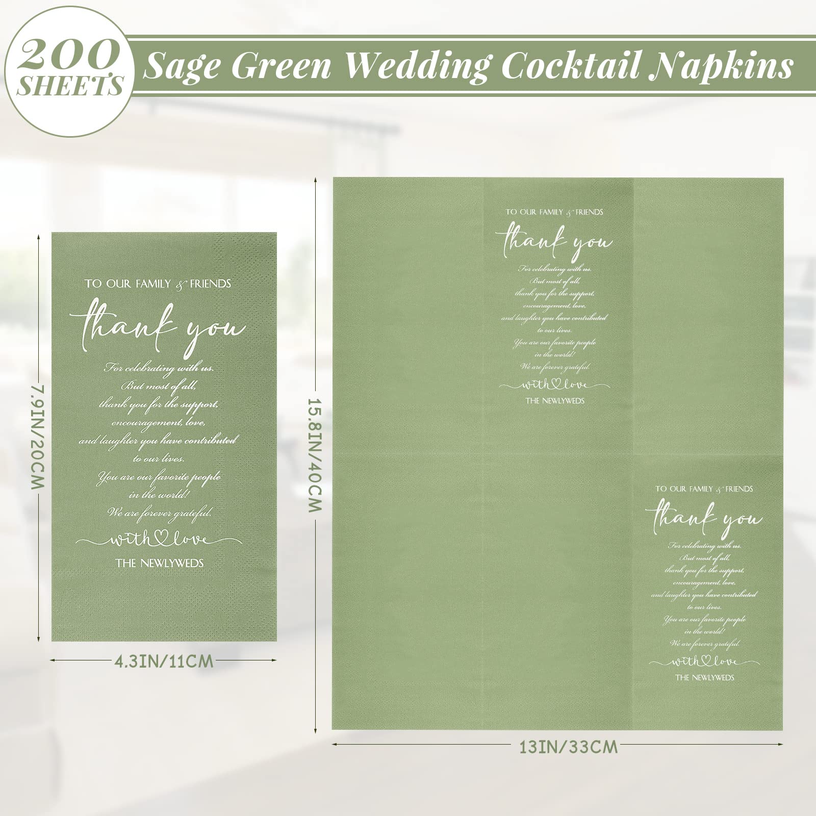 200 Plain Thank You Wedding Napkins Cocktail Beverage Napkins Newlyweds to Family Friends Guests 3 Ply Facial Tissues Napkins Pack Wedding Shower Engagement Rehearsal Dinner Party Supply (Sage Green)