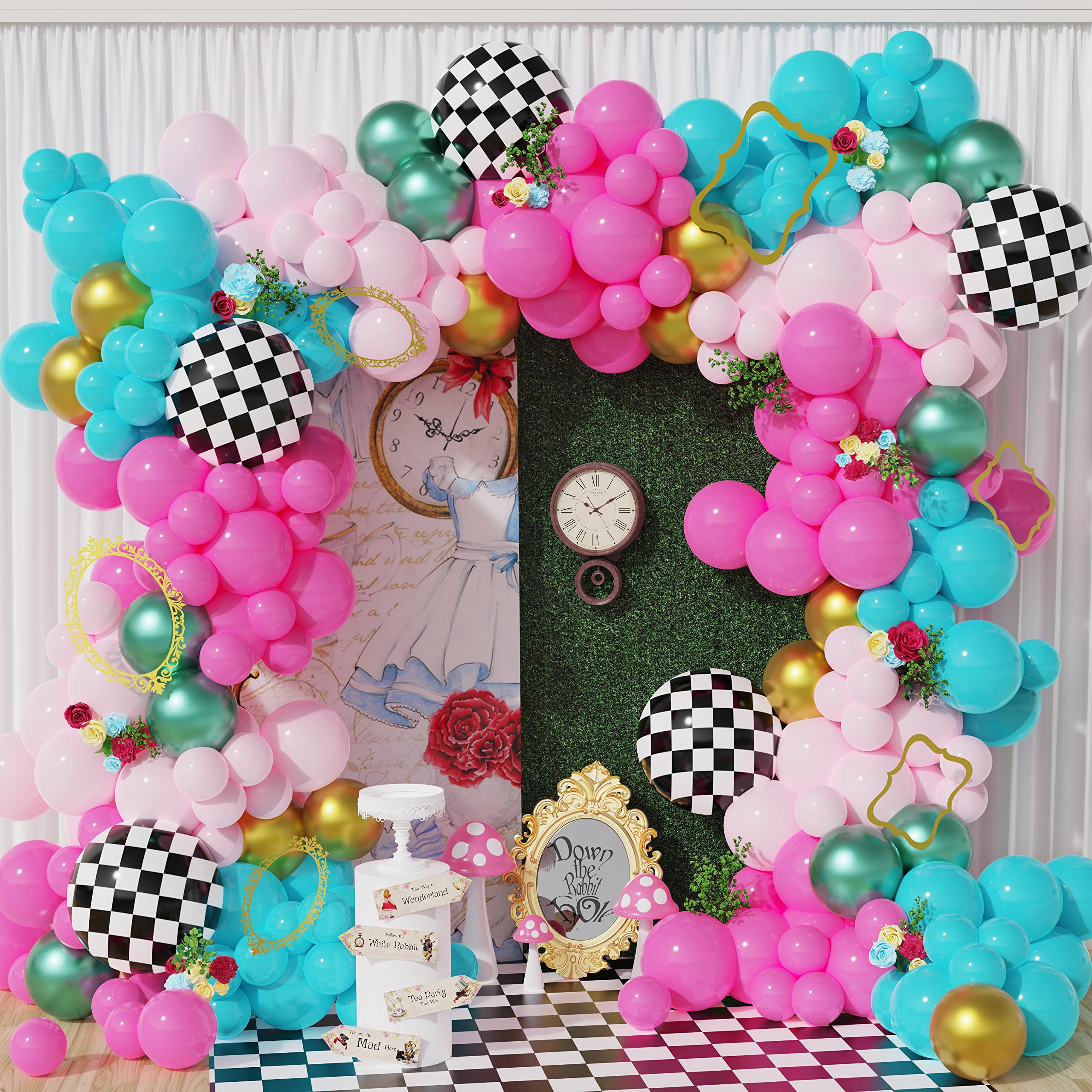 Enanal Alice Wonderland Balloon Garland Arch Kit, 144pcs Lake Blue Hot Pink Balloons with Chessboard Foil Balloons for Spring Tea Party Supplies Onederland First Birthday Baby Shower Decorations