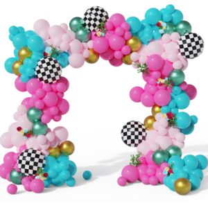 Enanal Alice Wonderland Balloon Garland Arch Kit, 144pcs Lake Blue Hot Pink Balloons with Chessboard Foil Balloons for Spring Tea Party Supplies Onederland First Birthday Baby Shower Decorations