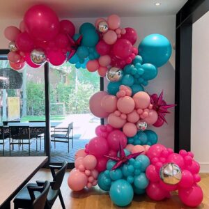 Enanal Alice Wonderland Balloon Garland Arch Kit, 144pcs Lake Blue Hot Pink Balloons with Chessboard Foil Balloons for Spring Tea Party Supplies Onederland First Birthday Baby Shower Decorations