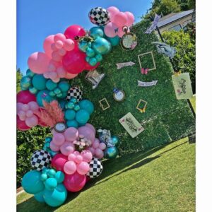 Enanal Alice Wonderland Balloon Garland Arch Kit, 144pcs Lake Blue Hot Pink Balloons with Chessboard Foil Balloons for Spring Tea Party Supplies Onederland First Birthday Baby Shower Decorations