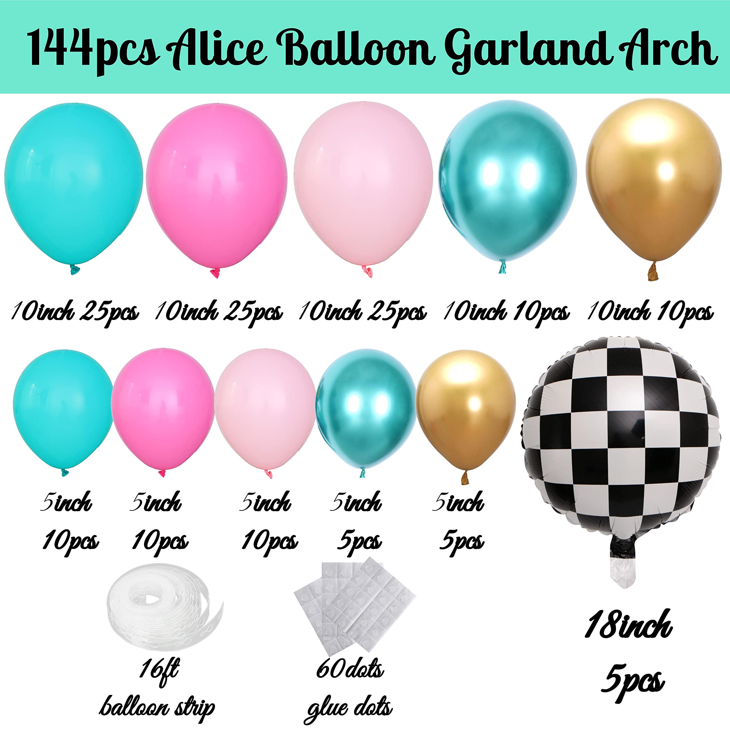 Enanal Alice Wonderland Balloon Garland Arch Kit, 144pcs Lake Blue Hot Pink Balloons with Chessboard Foil Balloons for Spring Tea Party Supplies Onederland First Birthday Baby Shower Decorations