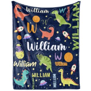 personalized dinosaur throw blanket for boys custom name soft flannel blanket for kids dino outspace plush navy blue blanket gift birthday christmas baby nursery room decor, 30 x 40inch