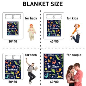 Personalized Dinosaur Throw Blanket for Boys Custom Name Soft Flannel Blanket for Kids Dino Outspace Plush Navy Blue Blanket Gift Birthday Christmas Baby Nursery Room Decor, 30 X 40inch