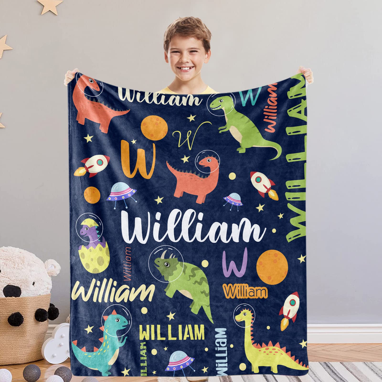 Personalized Dinosaur Throw Blanket for Boys Custom Name Soft Flannel Blanket for Kids Dino Outspace Plush Navy Blue Blanket Gift Birthday Christmas Baby Nursery Room Decor, 30 X 40inch