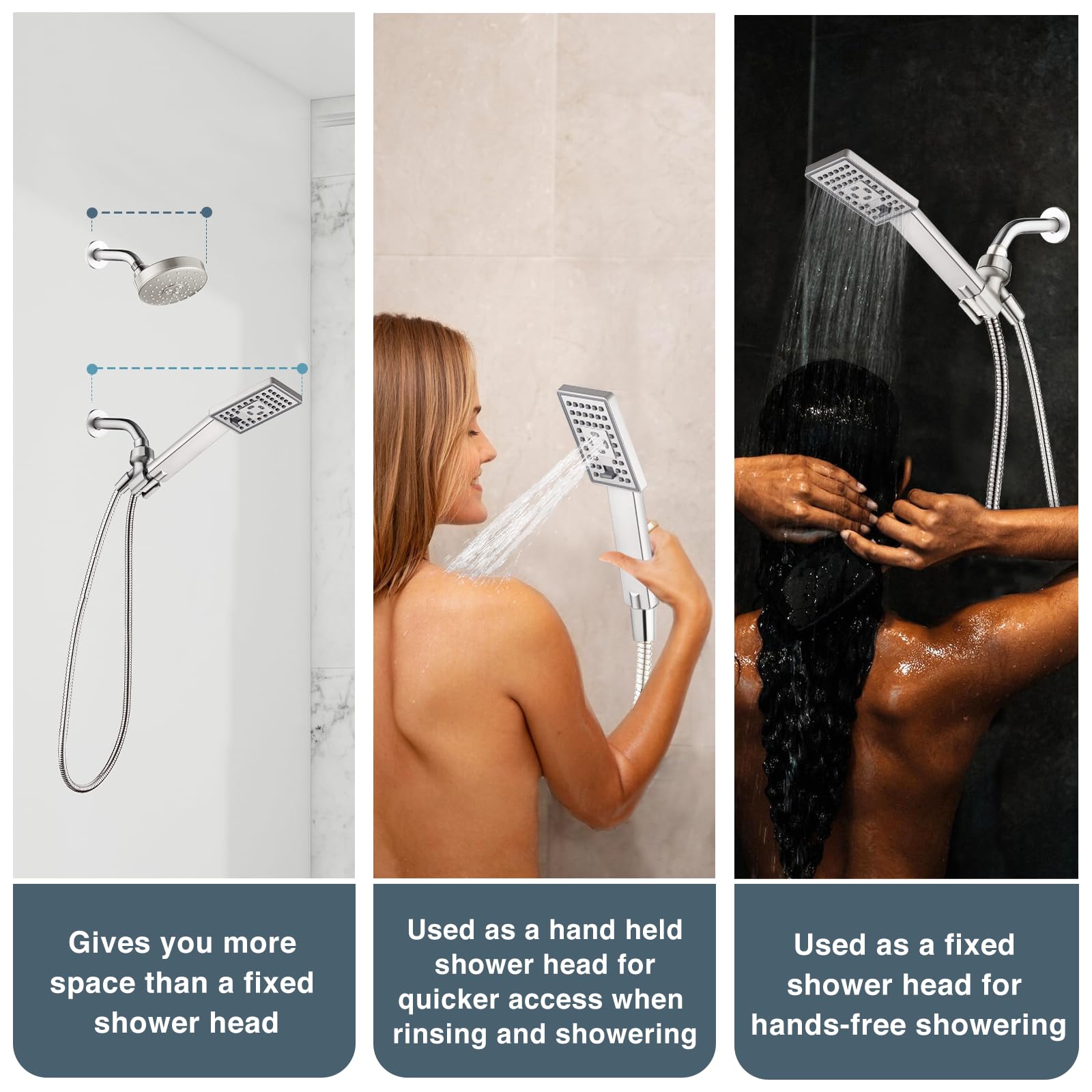 BRIGHT SHOWERS High Pressure Handheld Shower Head Set, High Flow Hand Held Showerhead with 60" Long Stainless Steel Hose and Adjustable Wall Bracket, 3 Spray Setting Shower Wand, Brushed Nickel