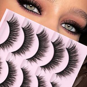 False Lashes Wispy Fox Eyelashes Natural Look Strip Cat Eye Lashes 16mm Fake lashes Fluffy Angel Lashes Pack 5 Pairs Black