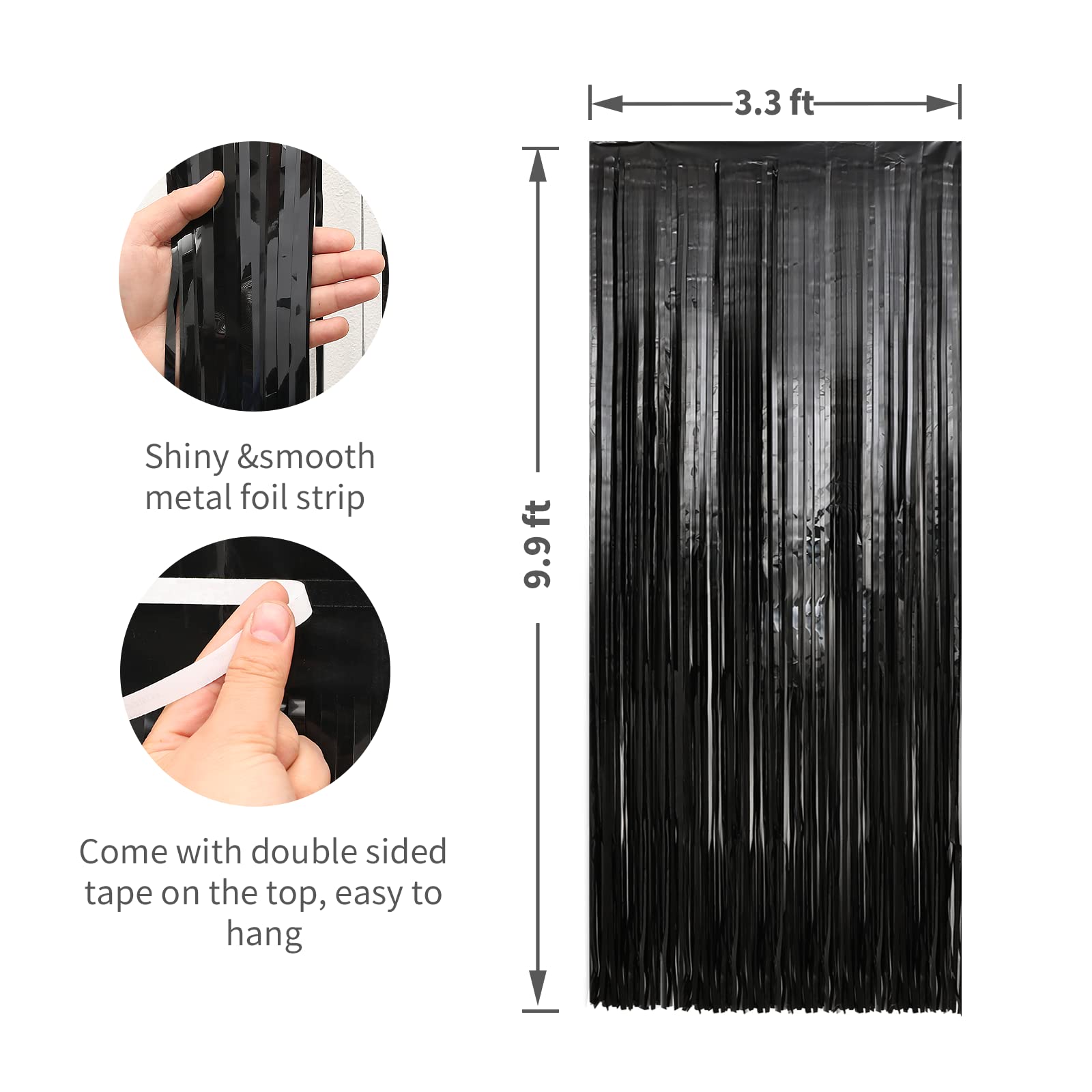 Crosize 3 Pack 3.3 x 9.9 ft Black Foil Fringe Backdrop Streamer Curtains, Birthday Party Decorations, Tinsel Curtain for Parties, Photo Booth Backdrops, Party Decor