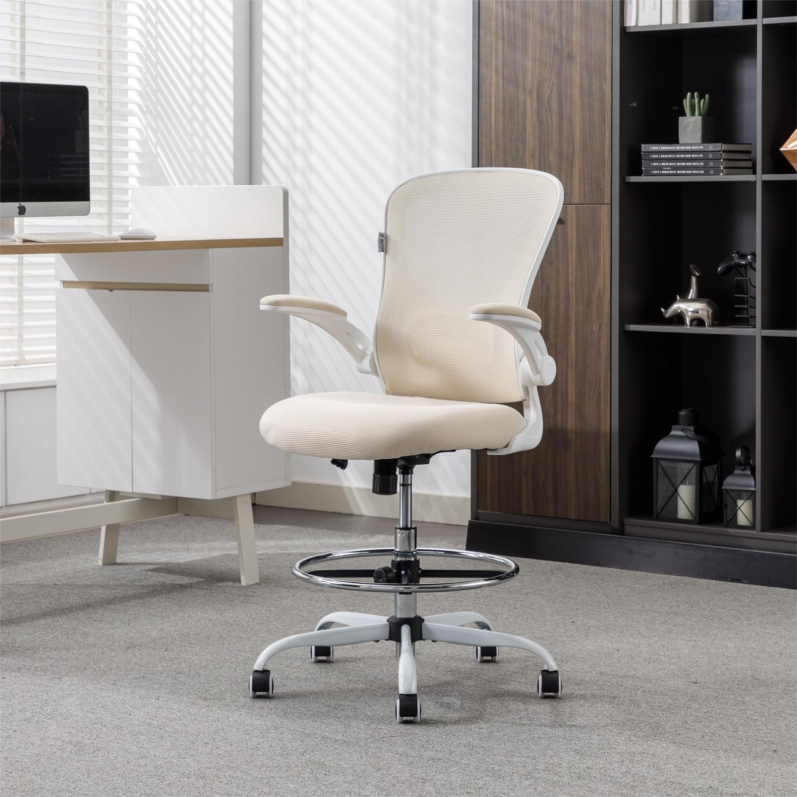 Drafting Chair Tall Office Chair, Standing Desk Chair 3.9'' Cushion, Ergonomic Mesh Computer Chair with Adjustable Foot Ring & Flip-Up Arm, Executive Rolling Swivel Stool for Office & Home. (Beige)