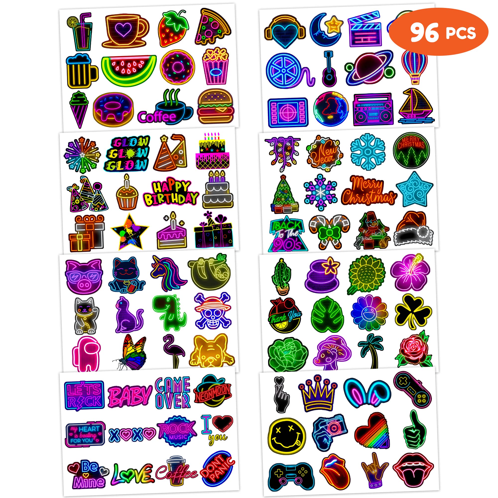 Neon Temporary Tattoos Theme Birthday Party Decorations Supplies Favors Decor 96 PCS 8 Sheets Cute Tattoo Stickers For Children Kids Boys Girls School Gifts Rewards Home Activity