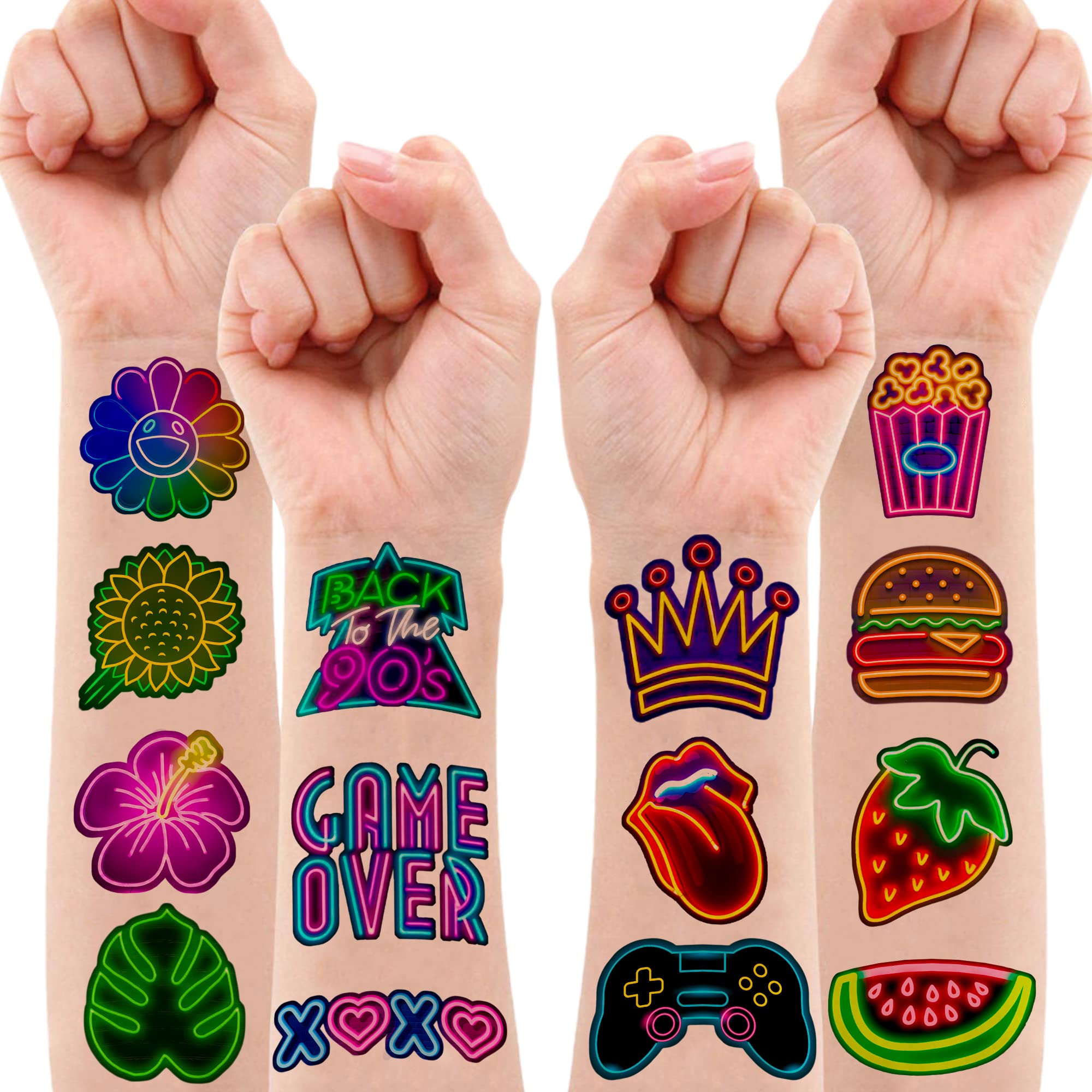 Neon Temporary Tattoos Theme Birthday Party Decorations Supplies Favors Decor 96 PCS 8 Sheets Cute Tattoo Stickers For Children Kids Boys Girls School Gifts Rewards Home Activity