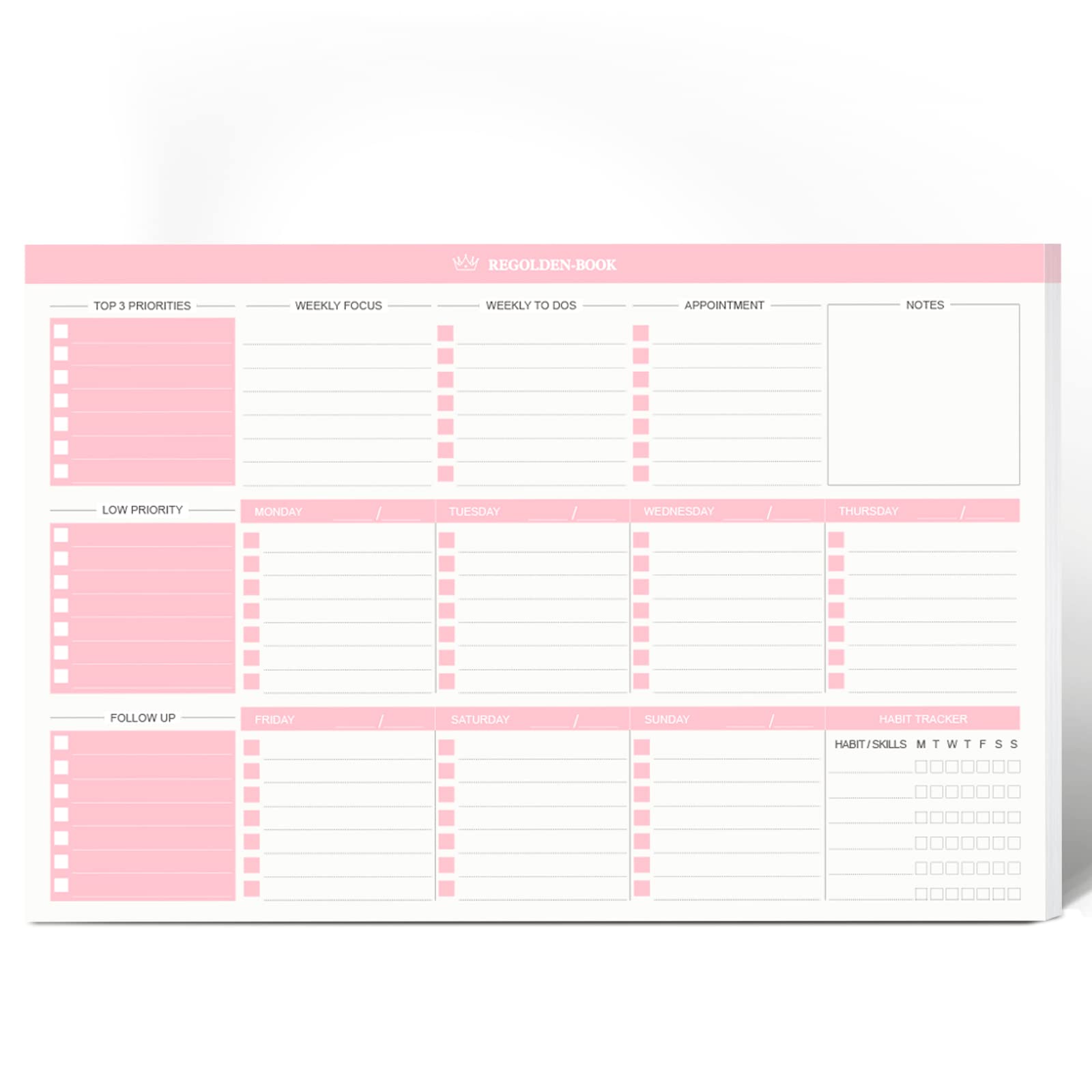 Weekly Planner Notepad Undated Weekly Goals Schedule Planner To Do List Notebook Tear Off Planning Pad Calendars Organizers Habit Tracker Journal for Man & Women,52 Weeks Pink (7x10")