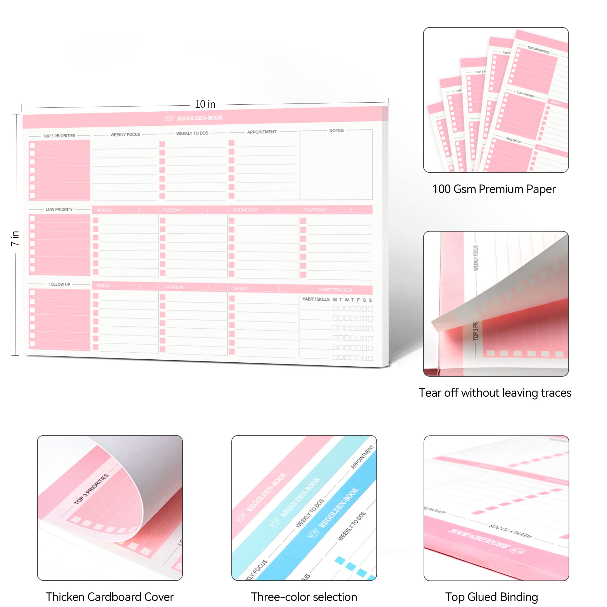 Weekly Planner Notepad Undated Weekly Goals Schedule Planner To Do List Notebook Tear Off Planning Pad Calendars Organizers Habit Tracker Journal for Man & Women,52 Weeks Pink (7x10")