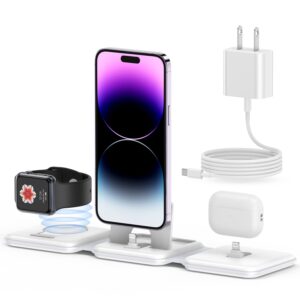 3 in 1 charging station for apple foldable, iwatch travel charger stand for multiple devices, folding portable fast charge dock for iphone 14 pro max/13/12/11, apple watch 8/7/6/ultra/se/5, airpods